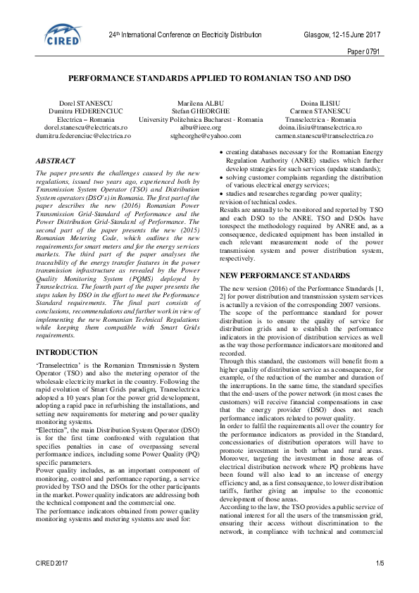 (PDF) Performance standards applied to Romanian TSO and DSO