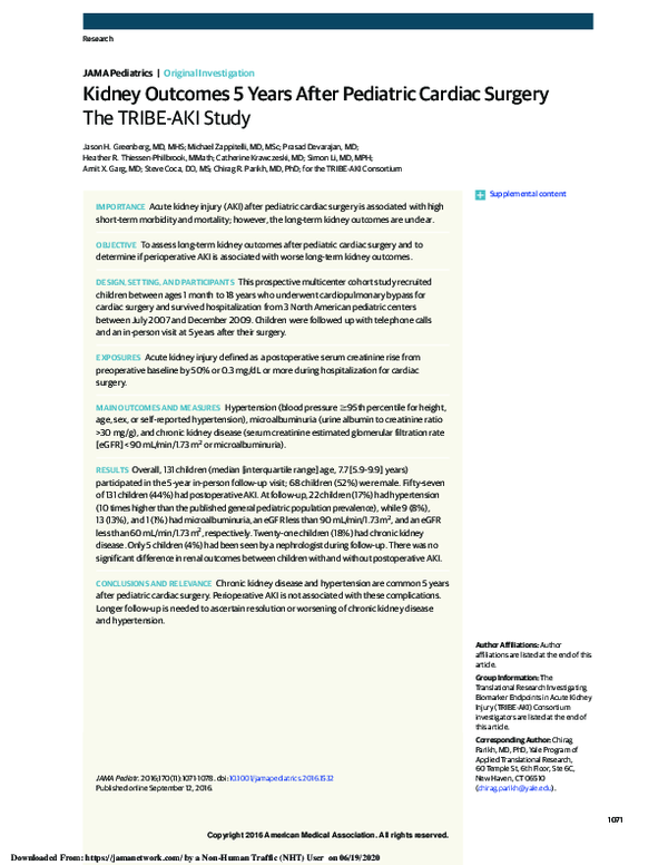 (PDF) Kidney Outcomes 5 Years After Pediatric Cardiac Surgery