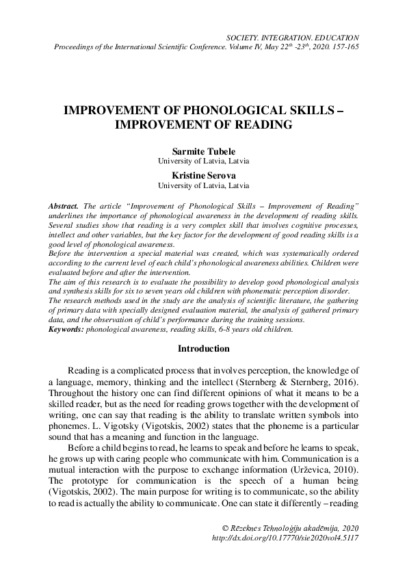 (PDF) Improvement of Phonological Skills – Improvement of Reading