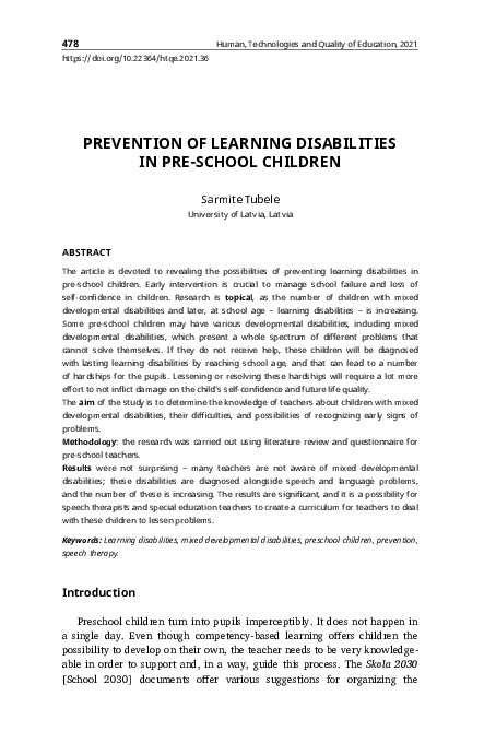 (PDF) Prevention of Learning Disabilities in Pre-school Children