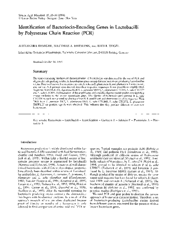 Pdf Identification Of Bacteriocin Encoding Genes In Lactobacilli By Polymerase Chain Reaction