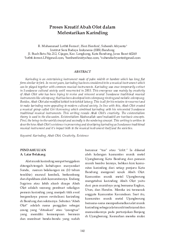 (PDF) Proses Kreatif Abah Olot dalam Melestarikan Karinding