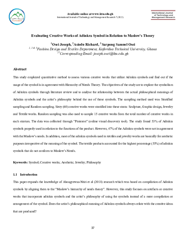 (PDF) PDF Evaluating Creative Works of Adinkra Symbol in Relation to Maslow’s Theory