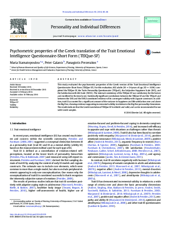 Pdf Psychometric Properties Of The Greek Translation Of The Trait