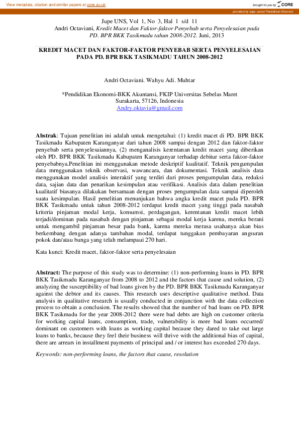 (PDF) Kredit Macet Dan Faktor-Faktor Penyebab Serta Penyelesaian Pada Pd. BPR BKK Tasikmadu ...
