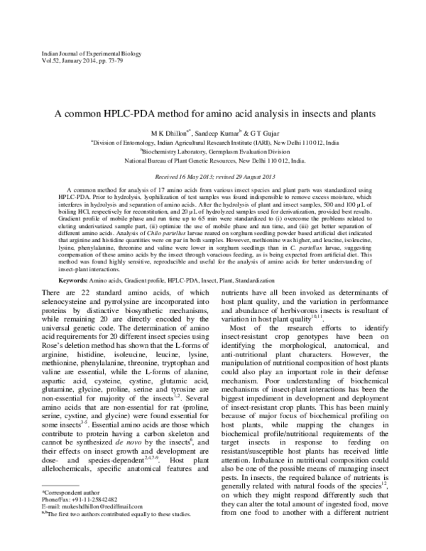 Pdf A Common Hplc Pda Method For Amino Acid Analysis In Insects And Plants