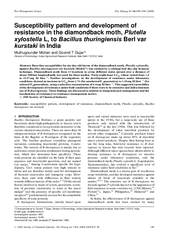 (PDF) Susceptibility pattern and development of resistance in the diamondback moth,Plutella ...