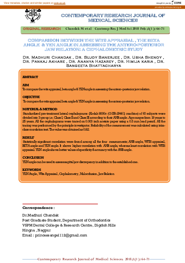 (PDF) Comparison Between the Wits Appraisal , the Beta Angle & Yen ...