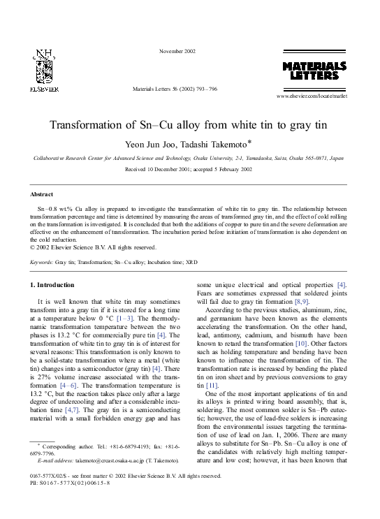 (PDF) Transformation of Sn–Cu alloy from white tin to gray tin