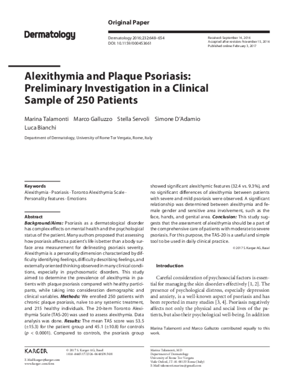 (PDF) Alexithymia and Plaque Psoriasis: Preliminary Investigation in a ...