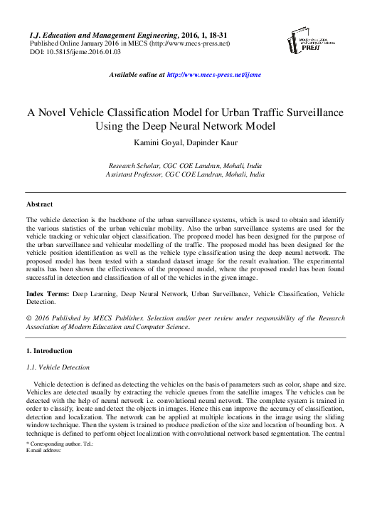 Pdf A Novel Vehicle Classification Model For Urban Traffic Surveillance Using The Deep Neural