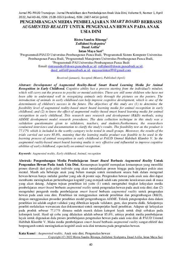 (PDF) Pengembangan Media Pembelajaran Smart Board Berbasis Augmented Reality Untuk Pengenalan ...