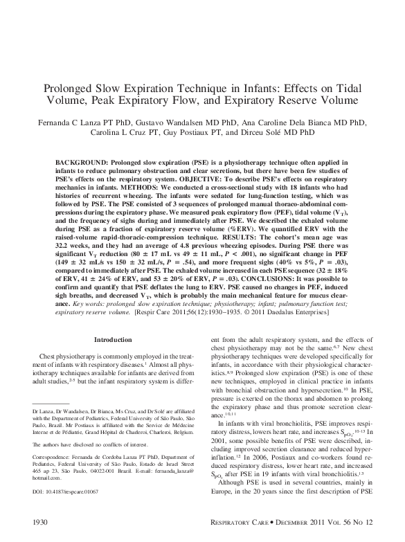 (PDF) Prolonged Slow Expiration Technique in Infants: Effects on Tidal ...