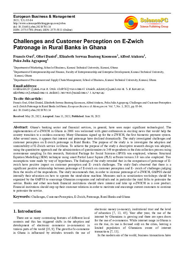 (PDF) Challenges and Customer Perception on E-Zwich Patronage in Rural ...