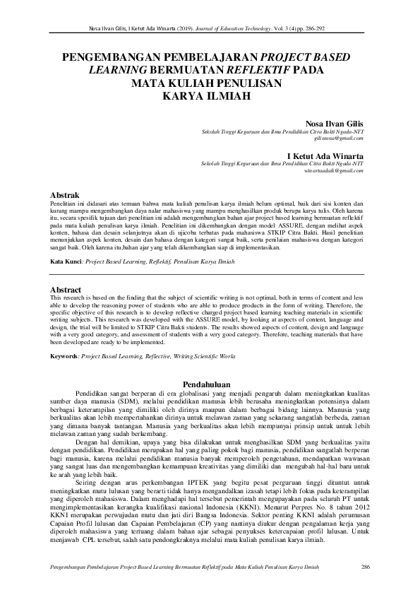 (PDF) Pengembangan Pembelajaran Project Based Learning Bermuatan Reflektif Pada Mata Kuliah ...