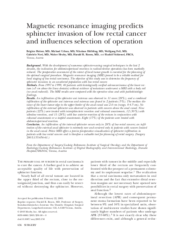 (PDF) Magnetic resonance imaging predicts sphincter invasion of low rectal cancer and influences ...