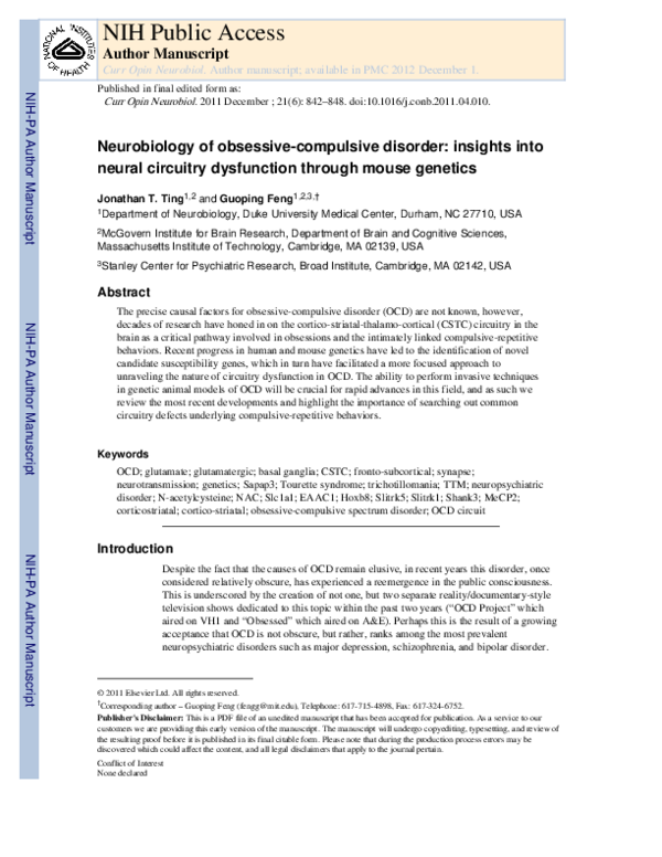 (PDF) Neurobiology of obsessive–compulsive disorder: insights into ...