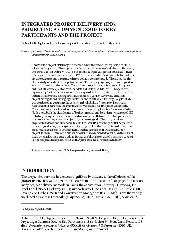 (PDF) INTEGRATED PROJECT DELIVERY (IPD): PROJECTING A COMMON GOOD TO KEY PARTICIPANTS AND THE ...