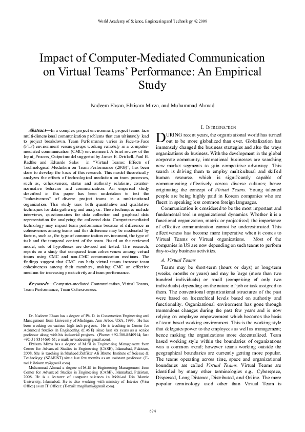 (PDF) Impact of computer-mediated communication on virtual Teams’ Performance: An empirical study
