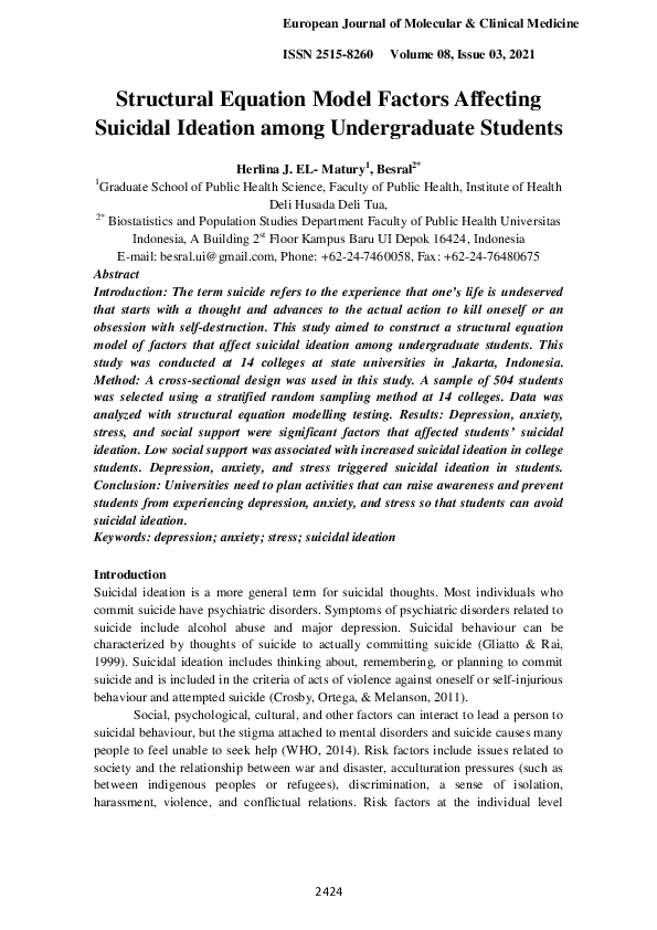 (PDF) Structural Equation Model Factors Affecting Suicidal Ideation among Undergraduate Students