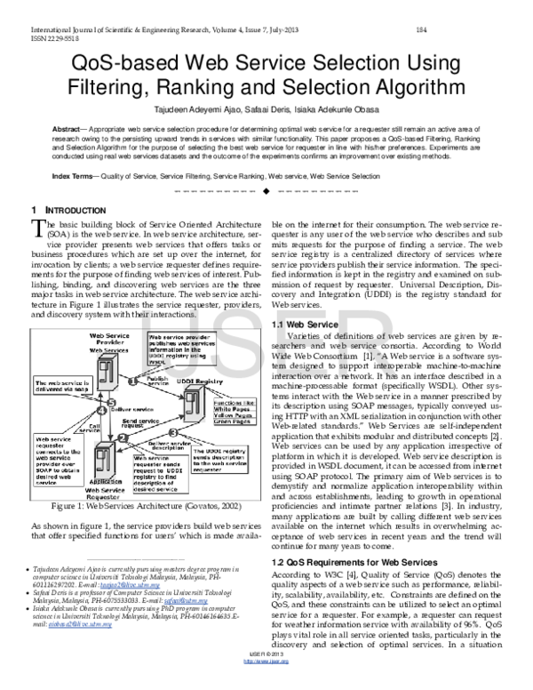 (PDF) QoS-based Web Service Selection Using Filtering, Ranking and Selection Algorithm