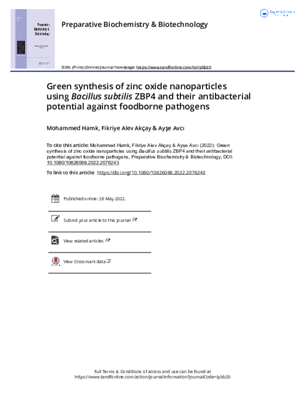 (PDF) Green synthesis of zinc oxide nanoparticles using Bacillus subtilis ZBP4 and their ...
