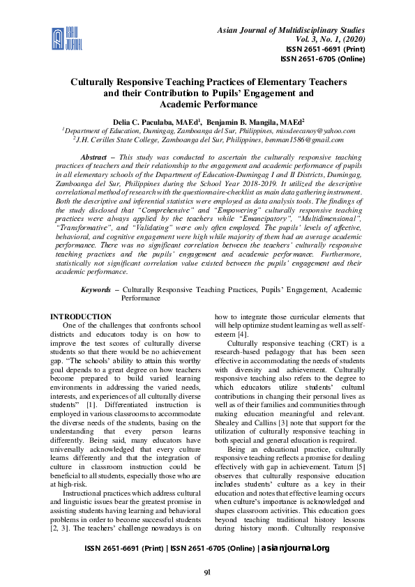 (PDF) Culturally Responsive Teaching Practices of Elementary Teachers and their Contribution to ...
