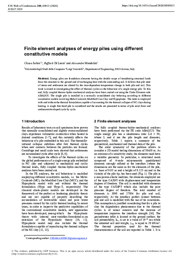 (PDF) Finite element analyses of energy piles using different constitutive models