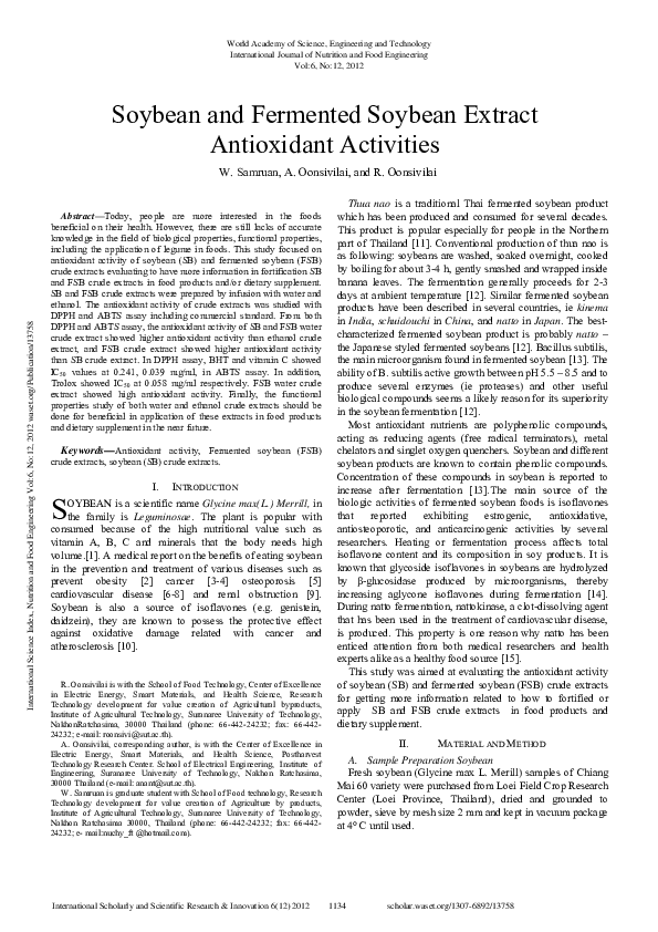 (PDF) Soybean And Fermented Soybean Extract Antioxidant Activities