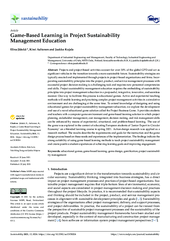 (PDF) Game-Based Learning in Project Sustainability Management Education