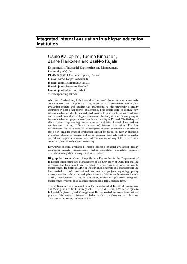 (PDF) Integrated internal evaluation in a higher education institution