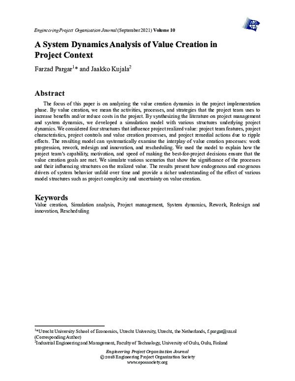 (PDF) A System Dynamics Analysis of Value Creation in Project Context