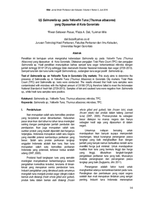 (PDF) Uji Salmonella sp. pada Yellowfin Tuna (Thunnus albacores) yang ...