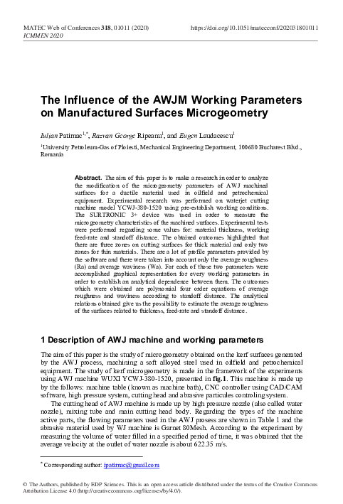 (PDF) The Influence of the AWJM Working Parameters on Manufactured ...