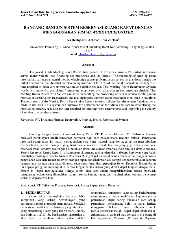 (PDF) Rancang Bangun Sistem Reservasi Ruang Rapat Dengan Menggunakan Framework Codeigniter