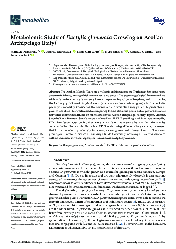 (PDF) Metabolomic Study of Dactylis glomerata Growing on Aeolian Archipelago (Italy)