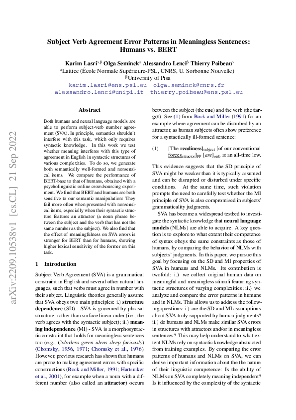 Pdf Subject Verb Agreement Error Patterns In Meaningless Sentences