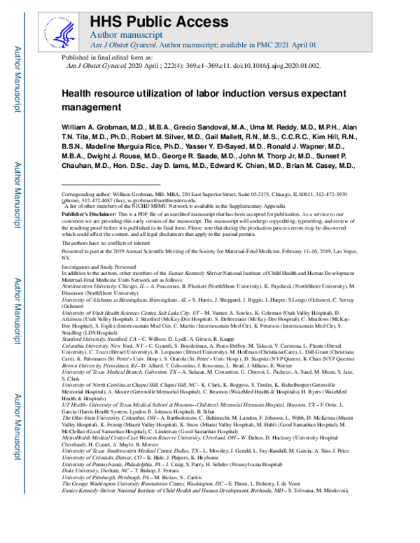 (PDF) Health resource utilization of labor induction versus expectant management