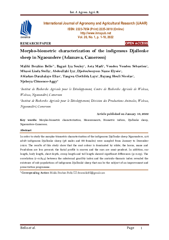 (PDF) Morpho-biometric characterization of the indigenous Djallonke sheep in Ngaoundere (Adamawa ...