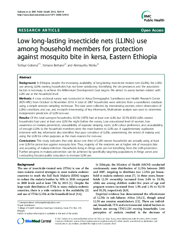 (PDF) Low long-lasting insecticide nets (LLINs) use among household ...