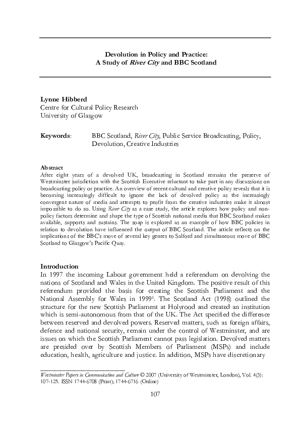 (PDF) Devolution in Policy and Practice: A Study of River City and BBC ...