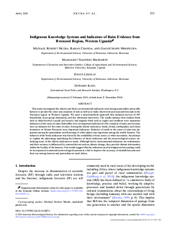 (PDF) Indigenous Knowledge Systems and Indicators of Rain: Evidence from Rwenzori Region ...