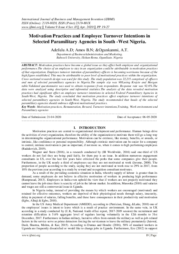 (PDF) Motivation Practices and Employee Turnover Intentions in Selected Paramilitary Agencies in ...