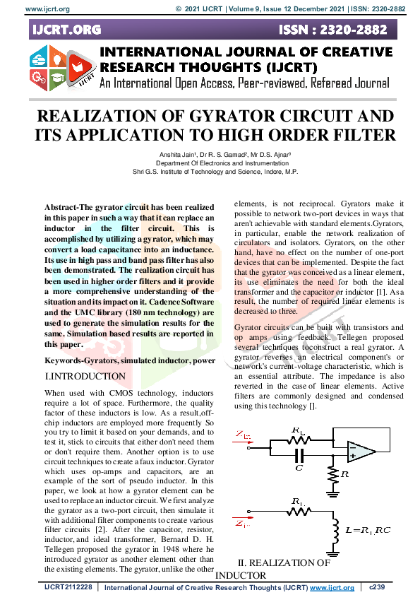 (PDF) Realization of Gyrator Circuit and Its Application to High Order ...
