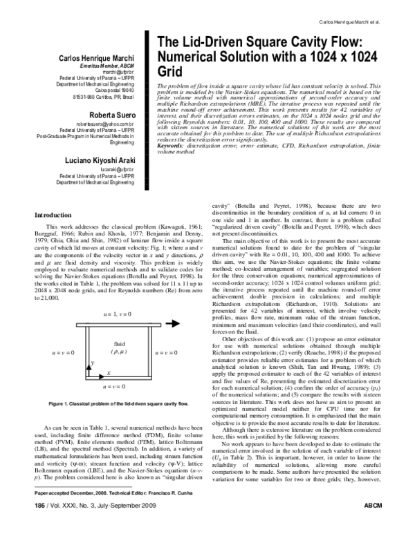 Pdf The Lid Driven Square Cavity Flow Numerical Solution With A 1024 X 1024 Grid