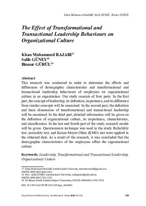 (PDF) The Effect Of Transformational And Transactional Leadership Behaviours On Organizational ...