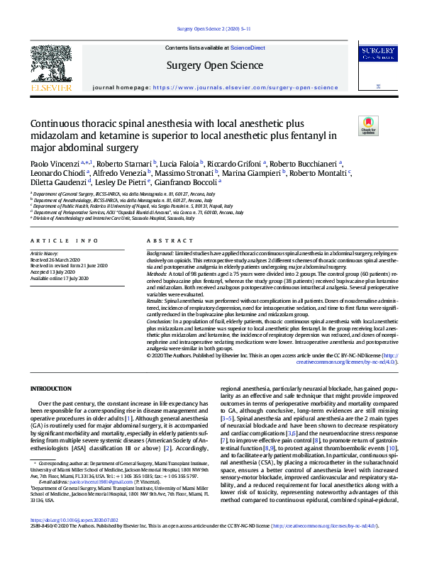 (PDF) Continuous thoracic spinal anesthesia with local anesthetic plus midazolam and ketamine is ...