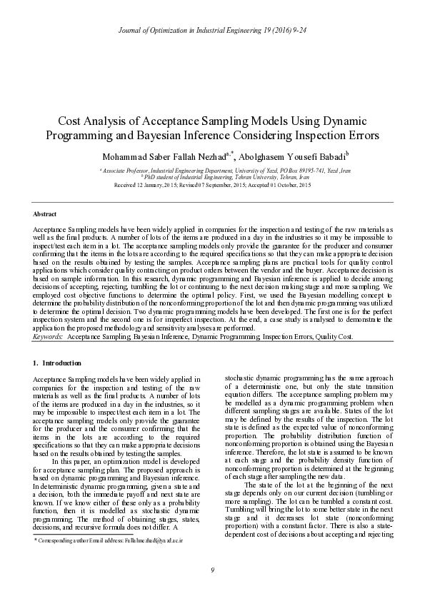 (PDF) Cost Analysis of Acceptance Sampling Models Using Dynamic Programming and Bayesian ...