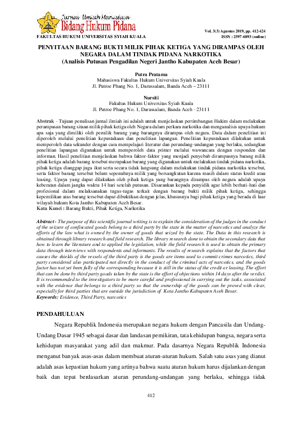 (PDF) Penyitaan Barang Bukti Milik Pihak Ketiga Yang Dirampas Oleh Negaradalam Tindak Pidana ...