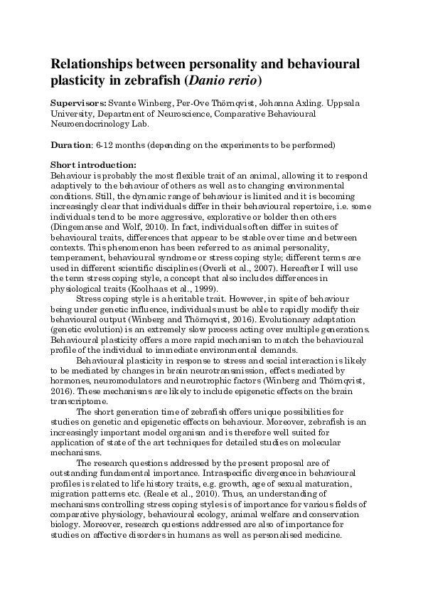 (PDF) Relationships between personality and behavioural plasticity in ...
